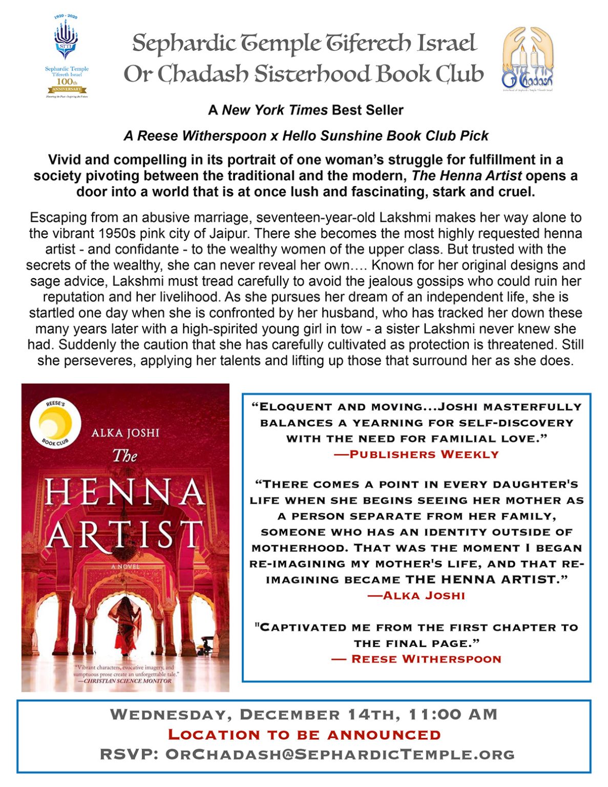 Or Chadash Sisterhood Book Club: The Henna Artist – Sephardic Temple ...